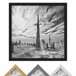 Bild mit Rahmen Dubai Super Skyline - gerahmte Wandbilder Print Skyline Stadt Wohnzimmer Schlafzimmer Bad Badezimmer K&uuml;che Flur Esszimmer Schwarz/Wei&szlig;