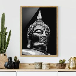 Bild mit Rahmen Buddha Statue Gesicht - gerahmte Wandbilder Print Spirituell Schlafzimmer Wohnzimmer Schwarz/Wei&szlig;