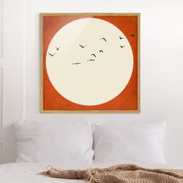 Bild mit Rahmen Vogelschwarm im Abendrot - gerahmte Wandbilder Print Kunstdruck Natur Tiere Wohnzimmer Flur Rot