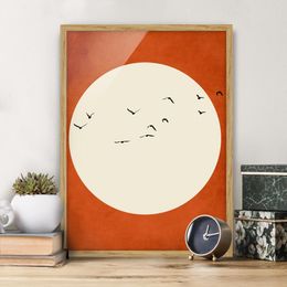 Bild mit Rahmen Vogelschwarm im Abendrot - gerahmte Wandbilder Print Kunstdruck Natur Tiere Wohnzimmer Flur Rot