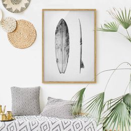 Bild mit Rahmen Surfboard - gerahmte Wandbilder Print Sport Wohnzimmer Flur Schlafzimmer Schwarz/Wei&szlig;