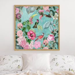 Bild mit Rahmen Vintage Collage - Kolibris im Paradies - gerahmte Wandbilder Print Blumen Floral Botanik Tropical Illustration Tiere Wohnzimmer Bunt