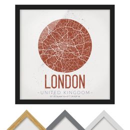 Bild mit Rahmen Stadtplan London - Retro - gerahmte Wandbilder Print Schwarz-Wei&szlig; Spr&uuml;che Weltkarte Wohnzimmer Schlafzimmer Bad Badezimmer K&uuml;che Flur