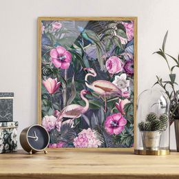 Bild mit Rahmen Bunte Collage - Pinke Flamingos im Dschungel - gerahmte Wandbilder Print Blumen Floral Botanik Tropical Illustration Tiere Wohnzimmer
