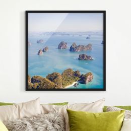 Bild mit Rahmen Inseln im Meer - gerahmte Wandbilder Print Natur Strand Wohnzimmer Bad Badezimmer Blau