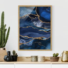 Bild mit Rahmen Goldene Glitzer Wellen vor Blau - gerahmte Wandbilder Print Abstrakt Wohnzimmer Schlafzimmer Blau
