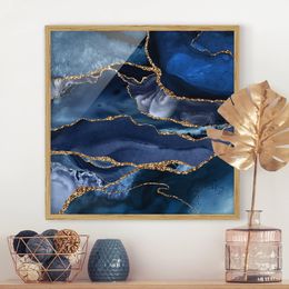 Bild mit Rahmen Goldene Glitzer Wellen vor Blau - gerahmte Wandbilder Print Abstrakt Wohnzimmer Schlafzimmer Blau