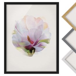 Bild mit Rahmen Wasserfarben - Zarte Magnolienbl&uuml;te - gerahmte Wandbilder Print Aquarell Blumen Floral Fotomontage Wohnzimmer Schlafzimmer Bad
