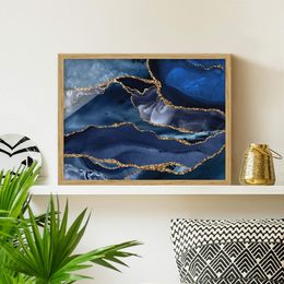Bild mit Rahmen Goldene Glitzer Wellen vor Blau - gerahmte Wandbilder Print Abstrakt Wohnzimmer Schlafzimmer Blau
