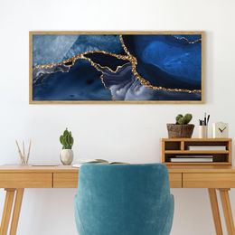 Bilderwelten Bild mit Rahmen blau Abstrakt inkl. Rahmung - Goldene Glitzer Wellen vor Blau - Deko Wohnzimmer Schlafzimmer