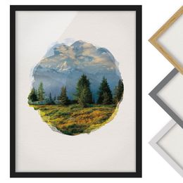 Bild mit Rahmen Wasserfarben - &Eacute;mosson Wallis Schweiz - gerahmte Wandbilder Print Aquarell Wald B&auml;ume Fotomontage Natur Wohnzimmer Schlafzimmer Bad