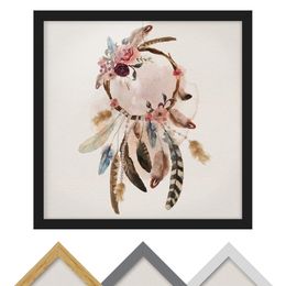 Bild mit Rahmen Traumf&auml;nger mit Rosen und Federn - gerahmte Wandbilder Print Aquarell Federn Kunstdruck Spirituell Wohnzimmer Schlafzimmer Bad