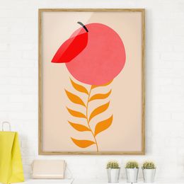 Bild mit Rahmen Pfirsichpflanze in Rosa - gerahmte Wandbilder Print Botanik Tropical Kulinarisch Illustration K&uuml;che Esszimmer Rosa