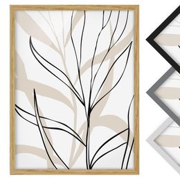 Bild mit Rahmen Pflanzenlinien Schwarz und Beige