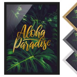 Bild mit Rahmen Dschungel - Aloha Paradise - gerahmte Wandbilder Print Botanik Tropical Spr&uuml;che Wohnzimmer Schlafzimmer Bad Badezimmer K&uuml;che Flur