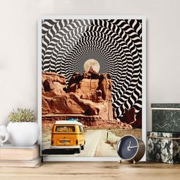 Bild mit Rahmen Retro Collage - Der beste Roadtrip II - gerahmte Wandbilder Print Fotomontage Kunstdruck Wohnzimmer Jugendzimmer Braun