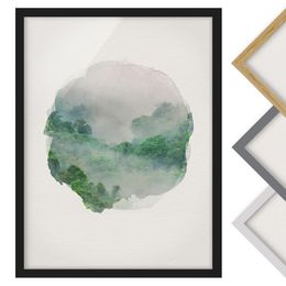 Bild mit Rahmen Wasserfarben - Dschungel im Nebel - gerahmte Wandbilder Print Aquarell Wald B&auml;ume Botanik Tropical Fotomontage Natur Wohnzimmer