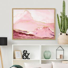 Bild mit Rahmen Abstrakte Berge Rosa mit Goldenen Linien - gerahmte Wandbilder Print Abstrakt Steinoptik Schlafzimmer Wohnzimmer Rosa