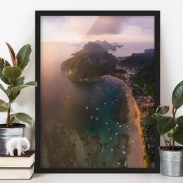Bild mit Rahmen Atmosph&auml;rische K&uuml;stenlandschaft - gerahmte Wandbilder Print Natur Strand Wohnzimmer Bad Badezimmer Violett