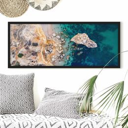 Bild mit Rahmen Draufsicht K&uuml;stenlandschaft - gerahmte Wandbilder Print Natur Strand Wohnzimmer Bad Badezimmer T&uuml;rkis
