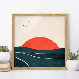 Bild mit Rahmen Meer vor rotem Sonnenuntergang - gerahmte Wandbilder Print Kunstdruck Natur Strand Tiere Wohnzimmer Blau