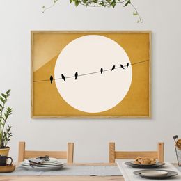 Bild mit Rahmen Zwitschernde V&ouml;gel in der Abendd&auml;mmerung - gerahmte Wandbilder Print Kunstdruck Natur Tiere Wohnzimmer Flur Gelb
