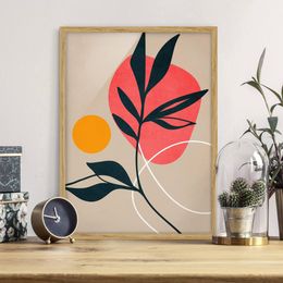 Bild mit Rahmen Formen und Bl&auml;tter in Blau - gerahmte Wandbilder Print Abstrakt Botanik Tropical Illustration Wohnzimmer Beige