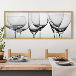 Bild mit Rahmen Edle Gl&auml;ser Schwarz-Wei&szlig; - gerahmte Wandbilder Print Kulinarisch Wohnzimmer Schwarz/Wei&szlig;