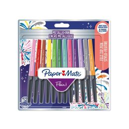 Papermate Paper Mate Flair Stifte | Metallic-Filzstifte | mittlere Spitze (0,7 mm) | glitzernde Tinte glänzt auf weißem Papier | farblich sortiert | 12 Stück