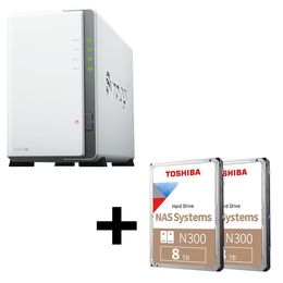 Synology DiskStation DS223J 2 Einschübe NAS-Server Leergehäuse + 16TB (2x8TB) Toshiba N300 SATA 3.5" HDD Festplatten