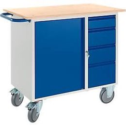 ROLLCART Werkbank mit Schrank, 4 Schubladen und 2 Lenkrollen/2 Bockrollen