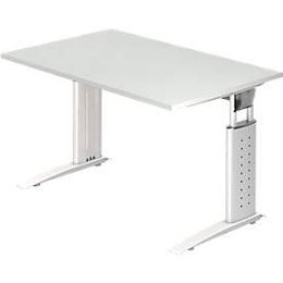 Schreibtisch TARVIS, C-Fuß, Quadrat, B 1200 mm, Gestell weiß, höhenverstellbar, lichtgrau