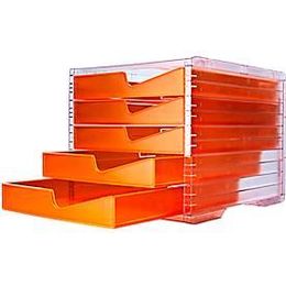 Schubladenbox Styro® Styroswing NEONline, 5 Schübe, Auszugsperre & Griffmulde, stapelbar, B 270 x T 340 x H 255 mm, PolyStyrol, transparent-neonorange