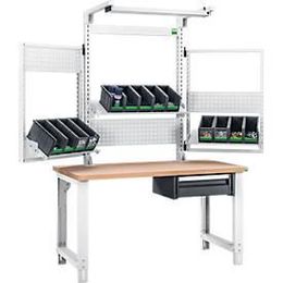 Systemwerkbank Bott cubio, mit Schubladen, Aufnahme- und Schwenkrahmen, Leuchte, Buche-Multiplexplatte, bis 800 kg, B 2000 x T 750 mm, Lichtgrau