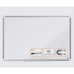 NOBO Whiteboard Premium Plus, Stahl weiß emailliert, magnethaftend, B 900 x H 600 mm, inkl. abnehmbarer Stiftablage und 1 Boardmarker