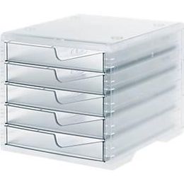 Schubladenbox Styro® Styroswing light, 5 Schübe, Auszugsperre & Griffmulde, stapelbar, B 270 x T 340 x H 255 mm, PolyStyrol, transparent-transparent