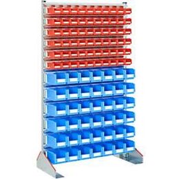 Ständerregal einseitig, B 1130 x T 500 x H 1885 mm, 60 x 0,7 l, rot + 42 x 3 l, blau