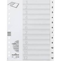 Durable Kunststoffregister, A4 hoch, Zahlen 1-12, weiß