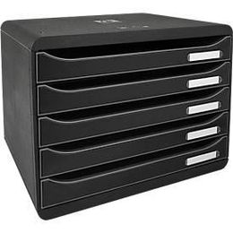 Exacompta Schubladenbox BIG-BOX PLUS HORIZON QUER, A4+, 5 halboffene Schübe mit Auszugsstopp, Griffmulde & Etikettenhalter, Etiketten, Blauer Engel, schwarz