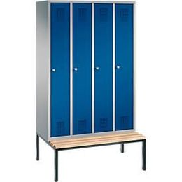 C+P Garderobenspind Evolo S 3000, Stahl, m. untergeb. Sitzbank, 4 Abteile m. jew. B 300 mm, Zylinderschloss, weißaluminium RAL 9006/enzianblau RAL 5010