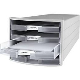Schubladenbox HAN Impuls 2.0, 4 Schubladen, Format A4, stapelbar, offen, grau/transparent-klar