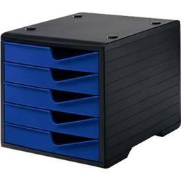 Schubladenbox Styro® Styroswing , 5 Schübe, Auszugsperre & Griffmulde, stapelbar, B 270 x T 340 x H 255 mm, PolyStyrol, schwarz-blau