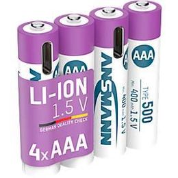 Li-Ion Akkus Ansmann Micro AAA, 1,5 V, Typ 500 (min. 400 mAh), 0,74 Wh, Type C Ladung, 4 Stück