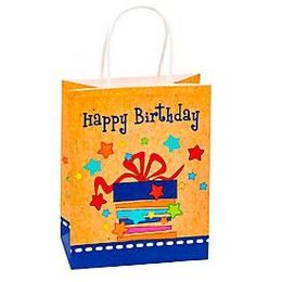 Geschenktüte „Happy Birthday“, Format A5, mit Tragekordel, B 180 x T 100 x H 230 mm, Kraftpapier, beige & farbig bedruckt, 6 Stück