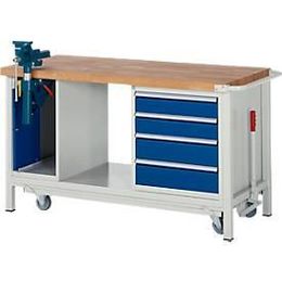 Rau Werkbank Modell 8185, fahrbar, absenkbar, mit Schrank und Schubladen, B 1500 x T 700 x H 880 mm