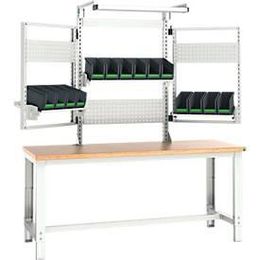 Systemwerkbank Bott cubio, mit Aufnahme- und Schwenkrahmen, Leuchte, Buche-Multiplexplatte, bis 800 kg, B 2000 x T 750 mm, Lichtgrau