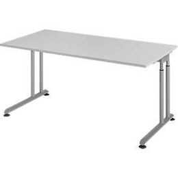 Schreibtisch Breno, manuelle Höheneinstellung, horizontaler Kabelkanal, B 1600 x T 800 x H 680-820 mm, Spanplatte & Stahl, Lichtgrau/Silber