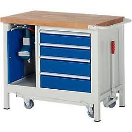 Rau Werkbank Modell 8185, fahrbar, absenkbar, mit Schrank und Schubladen, B 1000 x T 700 x H 880 mm