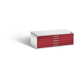 C+P Planschrank aus Stahl, für Formate bis DIN A1, 5 Schubladen, lichtgrau/rot