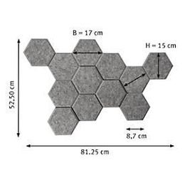 Akustik-Wandelemente, 6-eckig, 12 Stk., Schallabsorberklasse C, 3M Klebepad, B 170 x H 150 mm, Polyester, grau-melierte Filzoptik